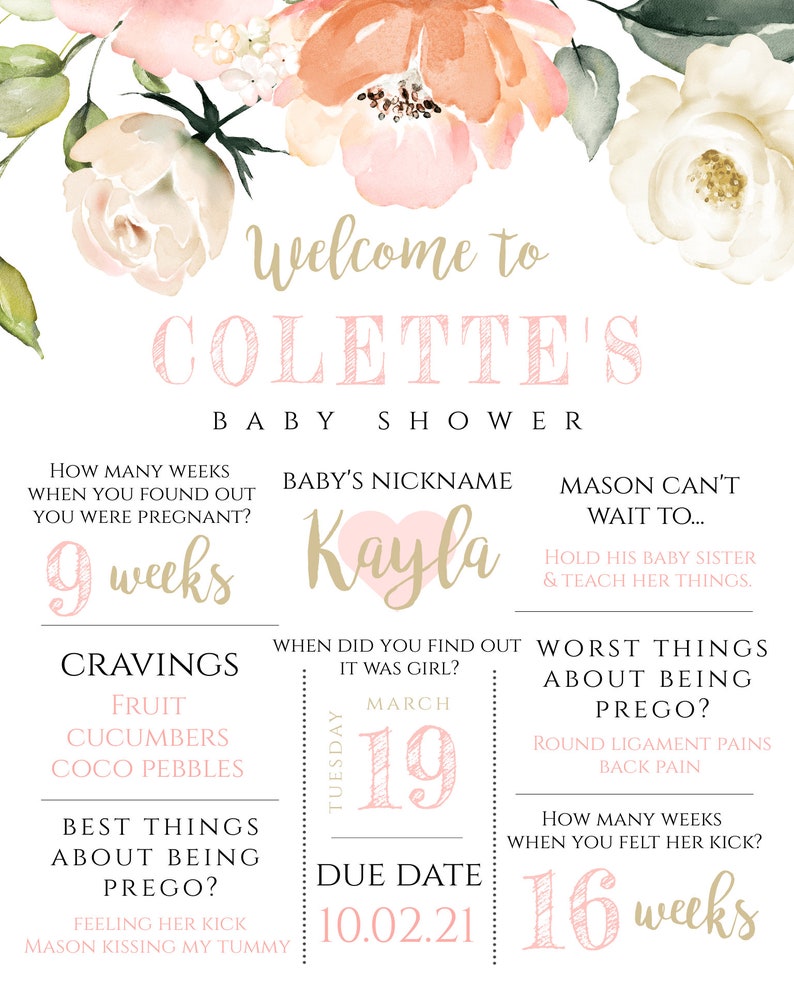 Peach Floral Pregnancy Stat Board Template, Pregnancy Keepsake Poster ...