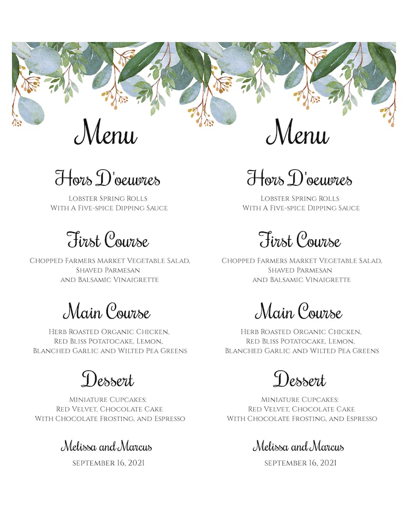Greenery Menu Template Printable Wedding Menu Botanical - Etsy