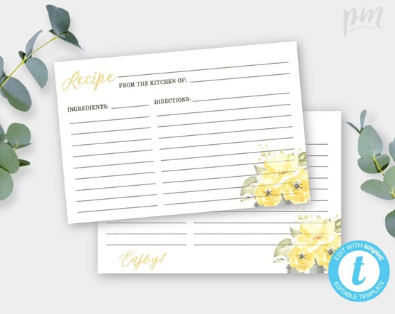 Yellow Floral Recipe Card Template Bridal Shower Recipe Card | Etsy