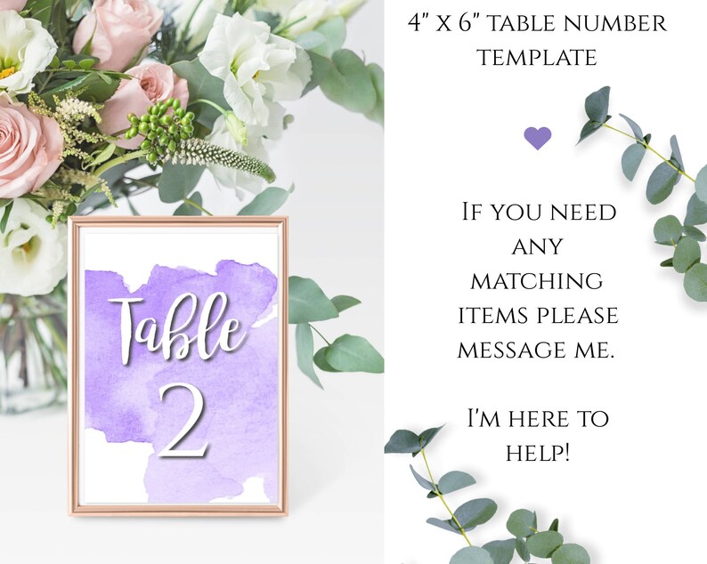Purple Watercolor Wedding Table Number Template Edit Print - Etsy
