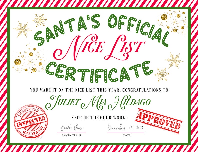 Santa's Nice List Certificate Template Editable Santa | Etsy