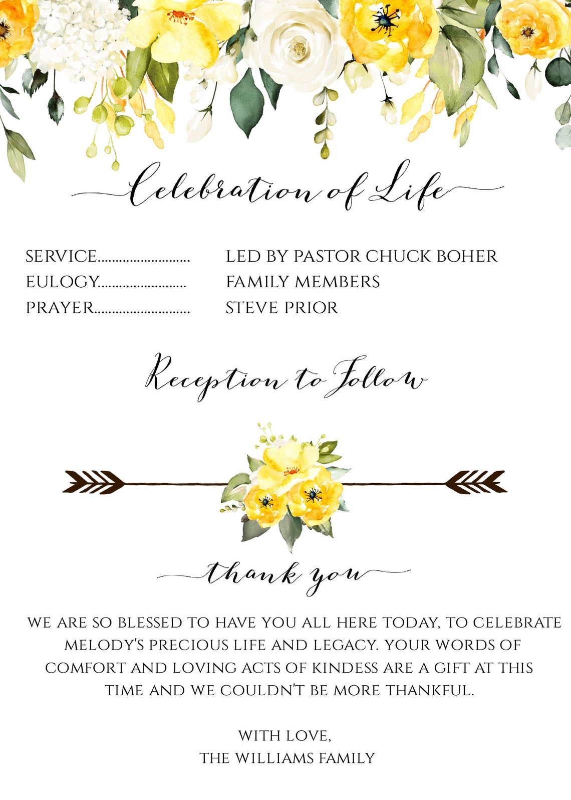 Yellow Floral Funeral Template, Printable Funeral Template, Instant ...