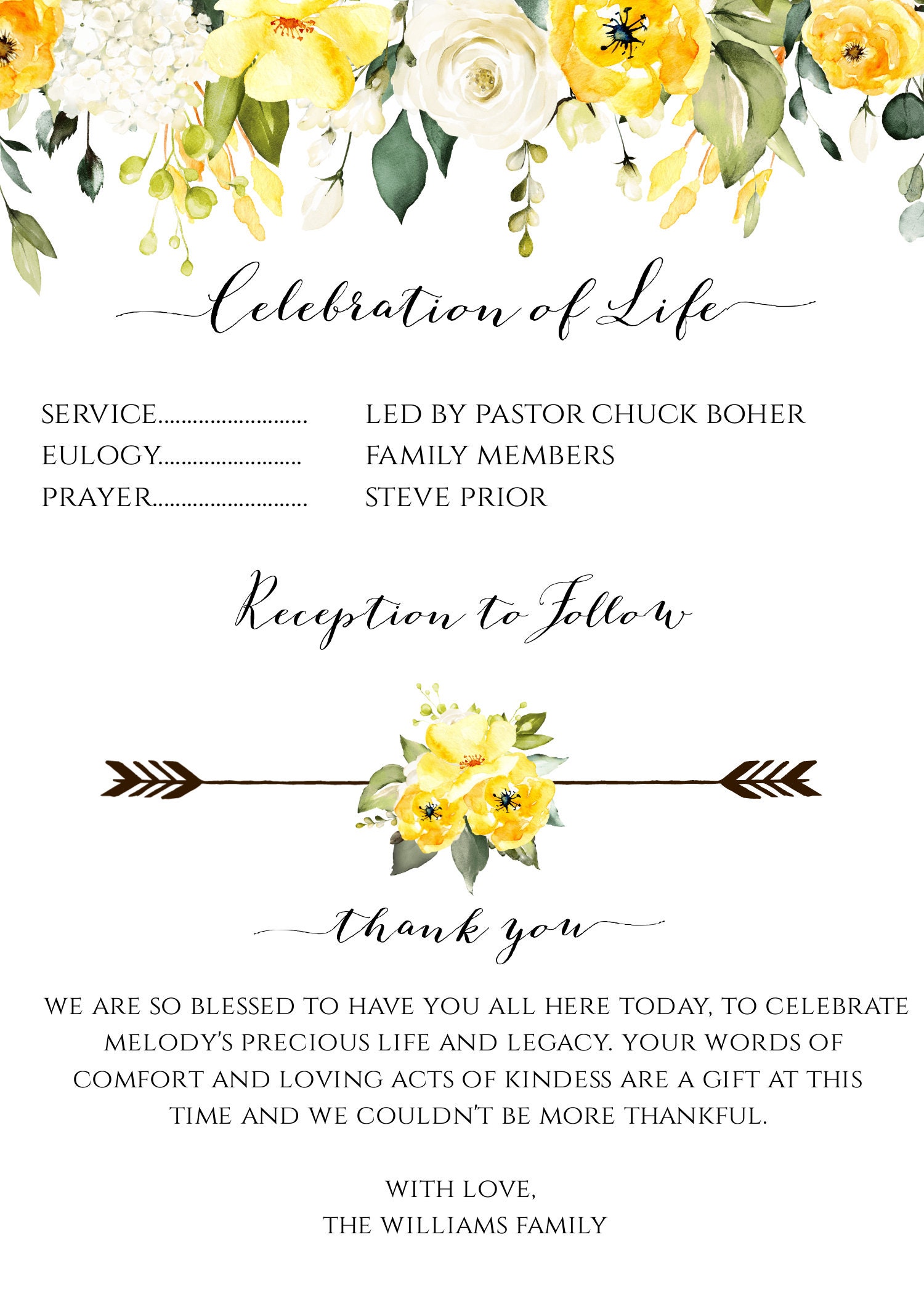 Yellow Floral Funeral Template, Printable Funeral Template, Instant ...
