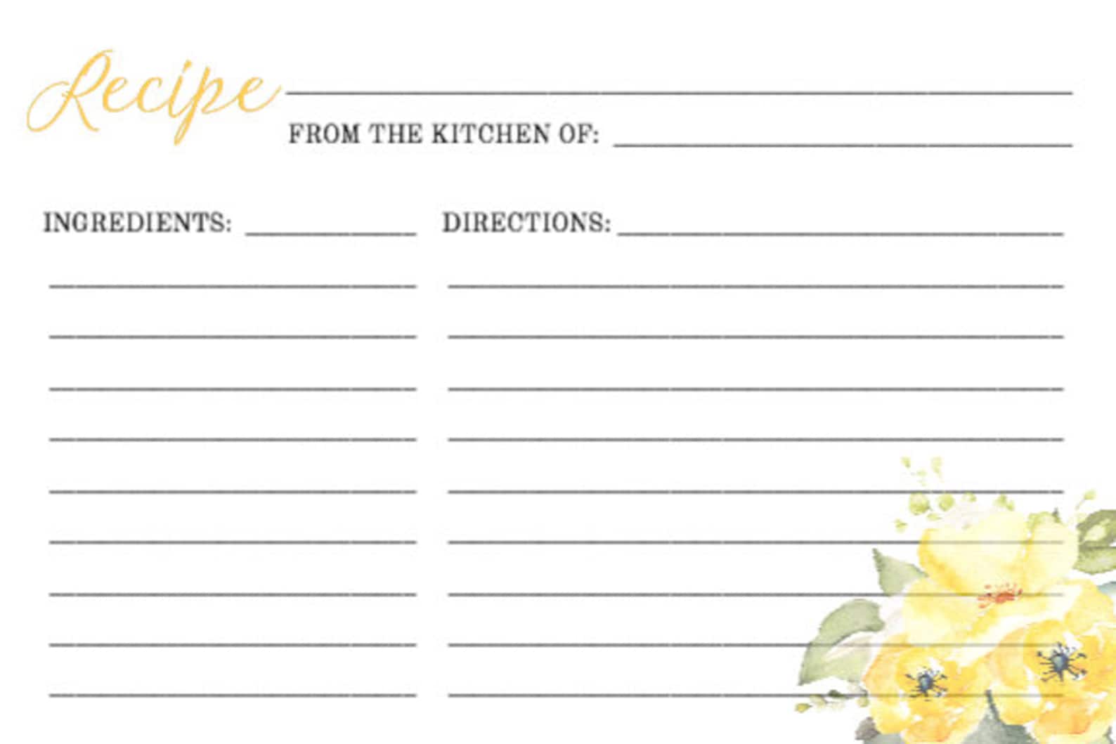 Yellow Floral Recipe Card Template, Bridal Shower Recipe Card ...