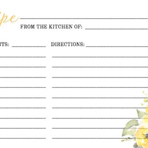 Yellow Floral Recipe Card Template, Bridal Shower Recipe Card ...