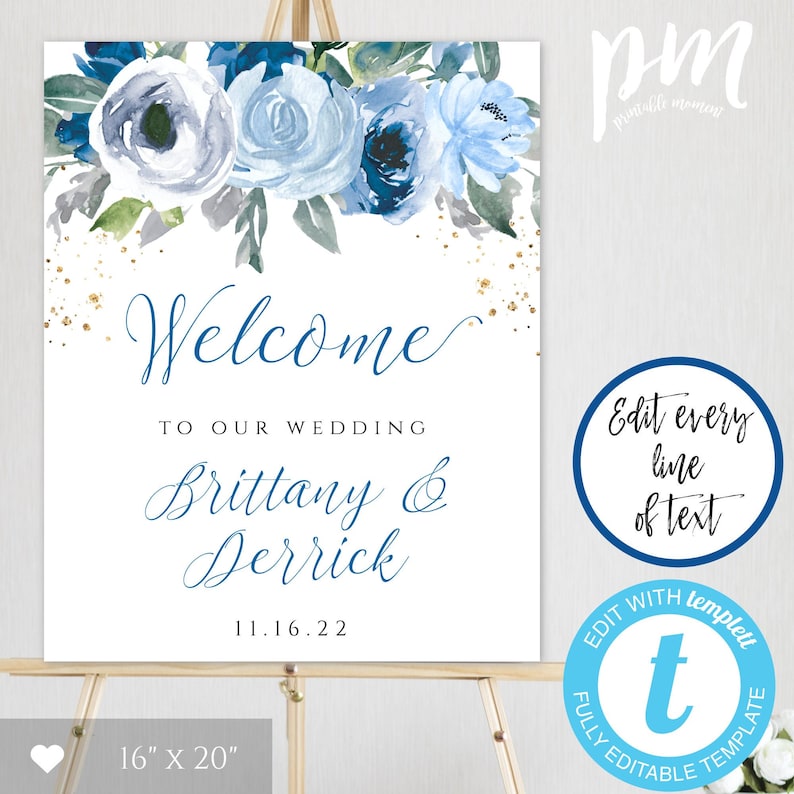 Blue Floral Wedding Welcome Sign Template Welcome Poster - Etsy