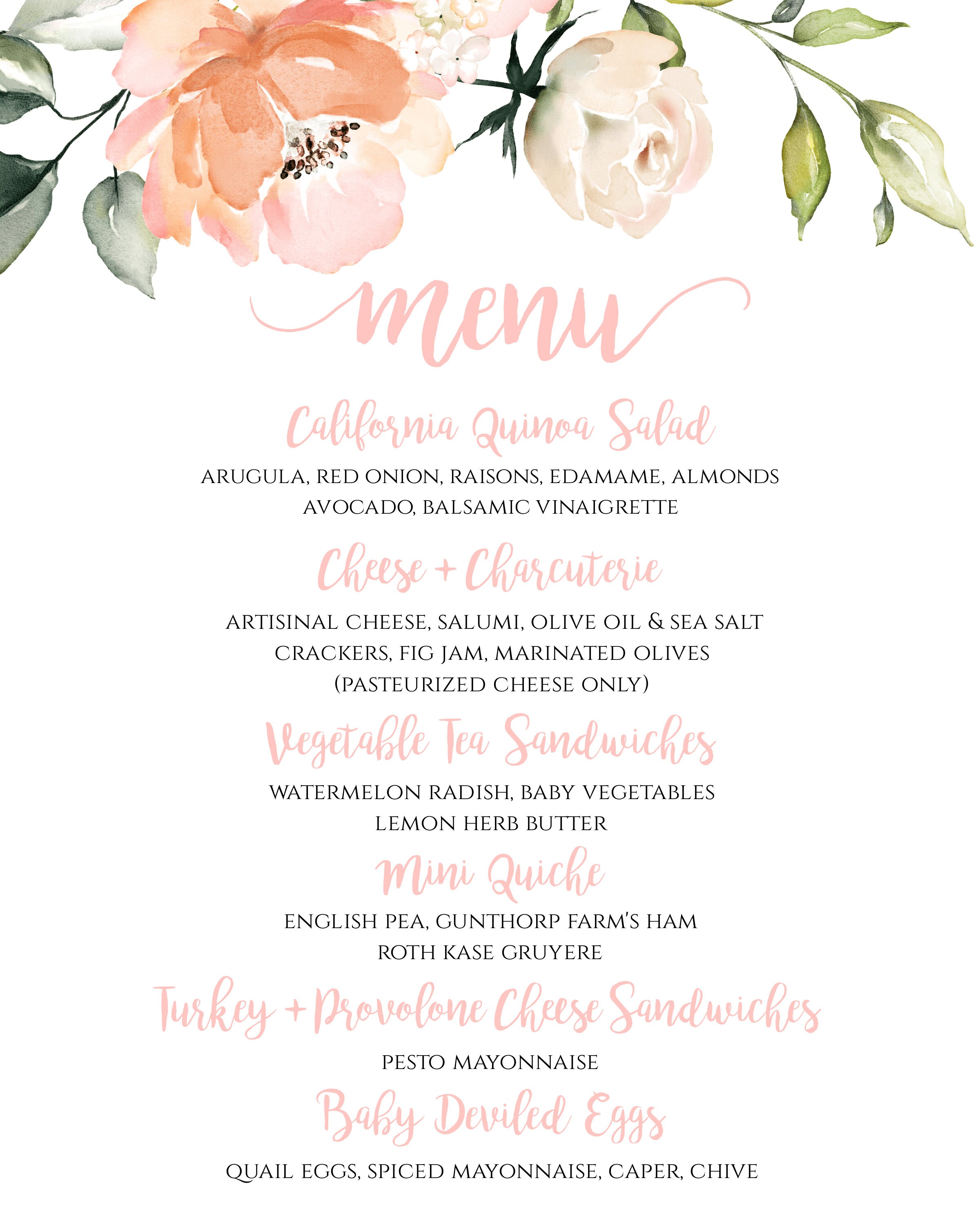 Peach Floral Menu Sign Template for Baby Shower 8x10 Menu | Etsy