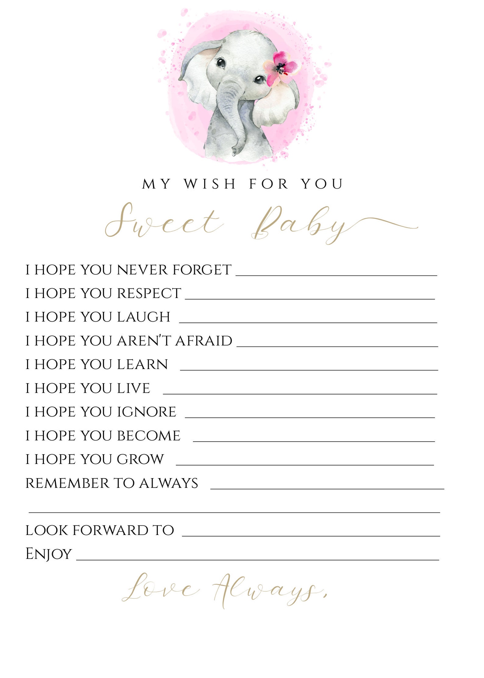 Pink Elephant Baby Shower Keepsakes Wishes for Baby Advice | Etsy