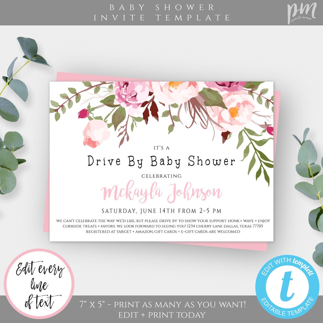 Pink Floral Drive by Baby Shower Invitation Template, Editable Baby ...