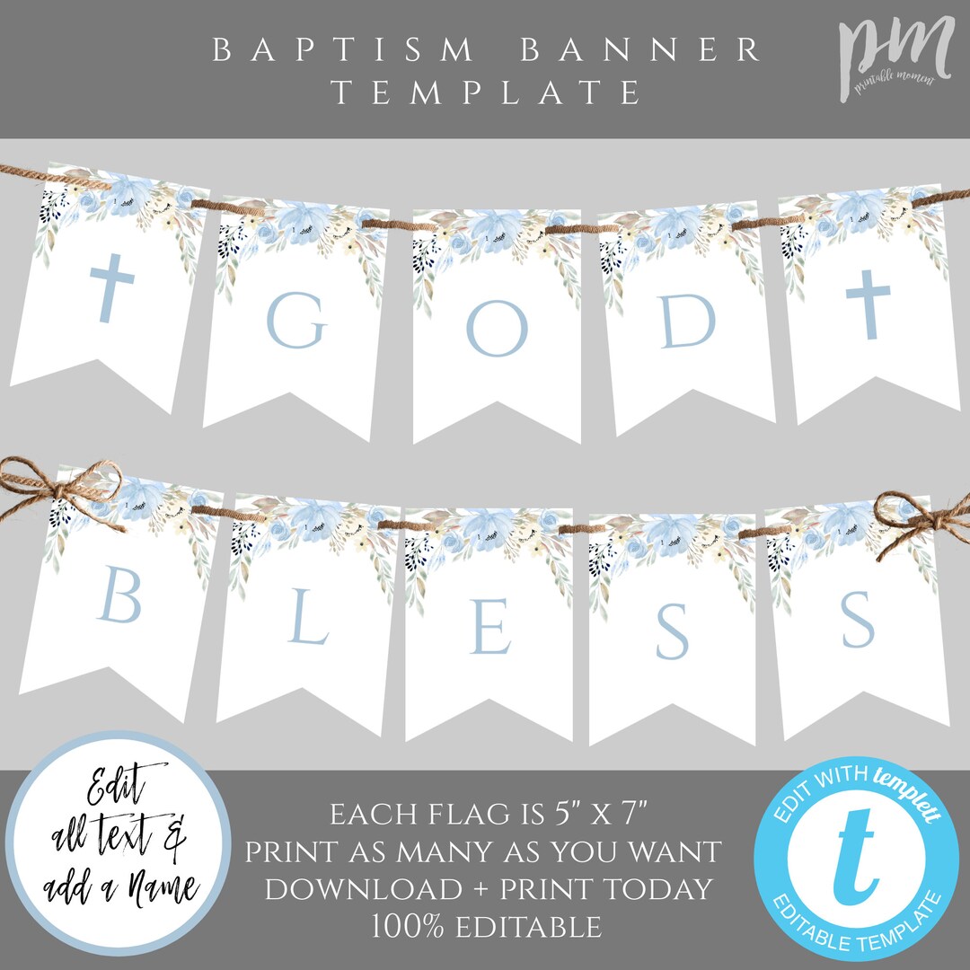 Blue Floral God Bless Banner Template for Boy Baptism, Editable Blue ...