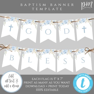 Blue Floral God Bless Banner Template for Boy Baptism, Editable Blue ...