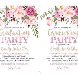 Pink Floral Graduation Invitation Template, Graduation Party Invitation ...
