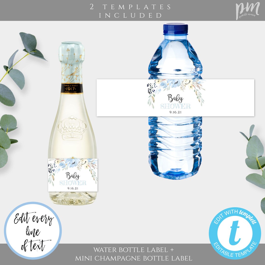 Blue Floral Water Bottle Label + Mini Champagne Bottle Label Template ...