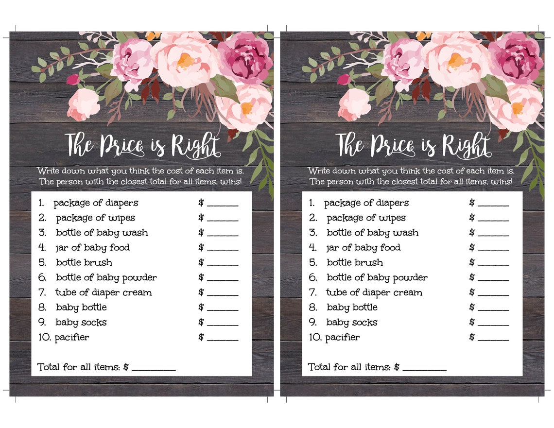 The Price is Right Game Template Rustic Floral Baby Shower - Etsy