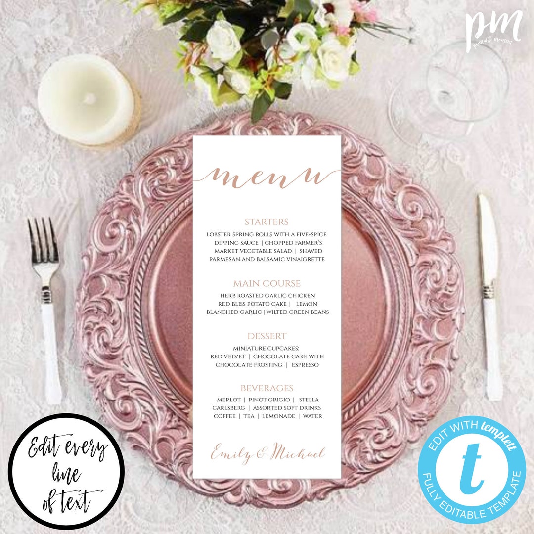 Rose Gold Wedding Menu Printable Template, Printable Menu, Wedding Menu ...
