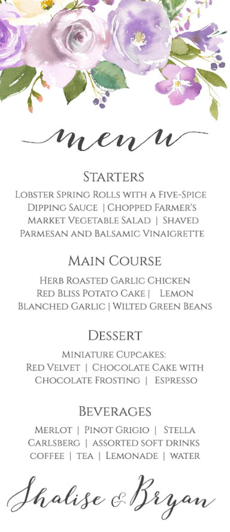 Lilac Wedding Menu Template Lavender Printable Menu Purple - Etsy