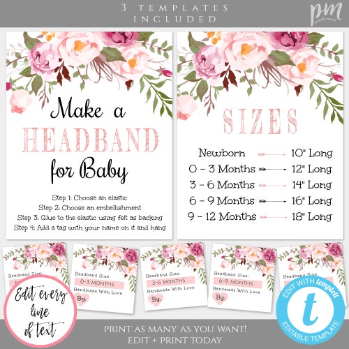 Boho Floral Headband Tag Template for Baby Shower Printable | Etsy