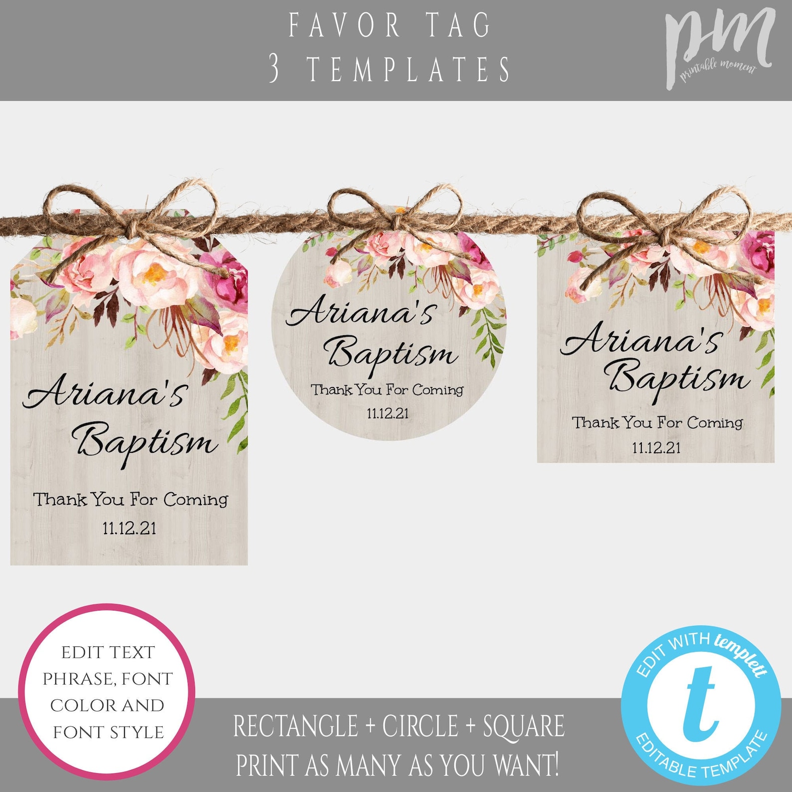 Baptism Favor Tag Template Set, Tag Personalized, Editable Thank You ...