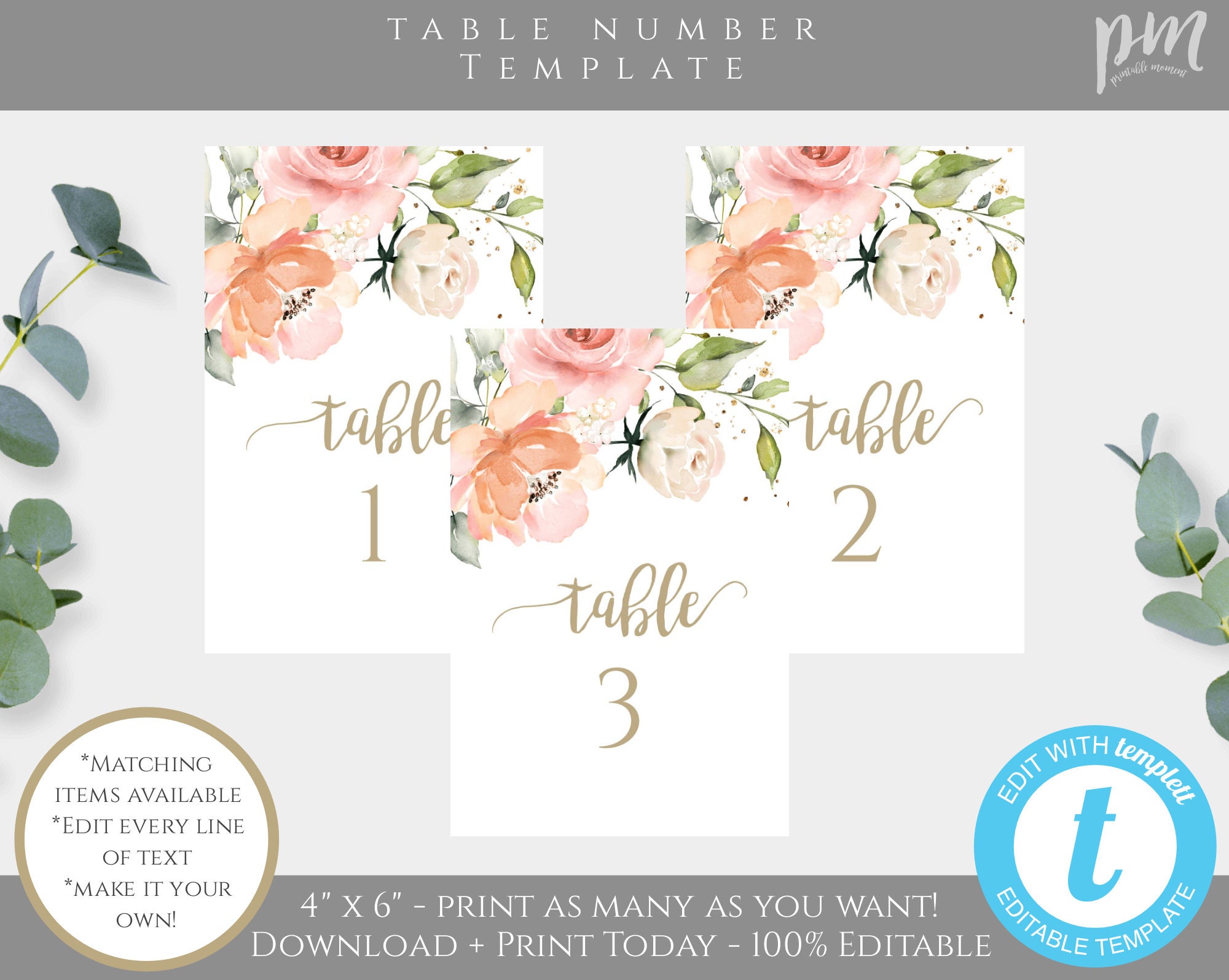 Table Number Card Template 4 X 6 Peach Floral | Etsy