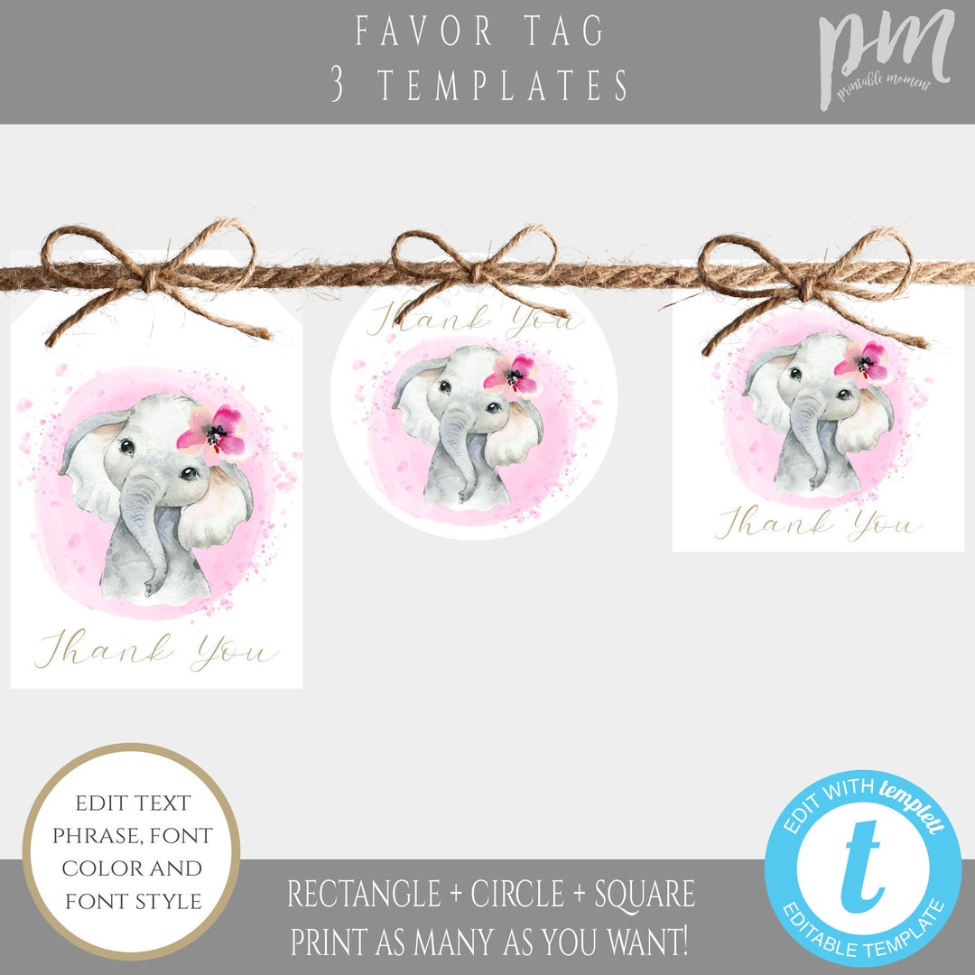 Pink Elephant Thank You Favor Tag Template, Girl Baby Shower Gift Tag ...