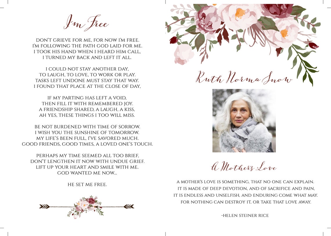 Burgundy Floral Funeral Editable Obituary Template in Loving - Etsy
