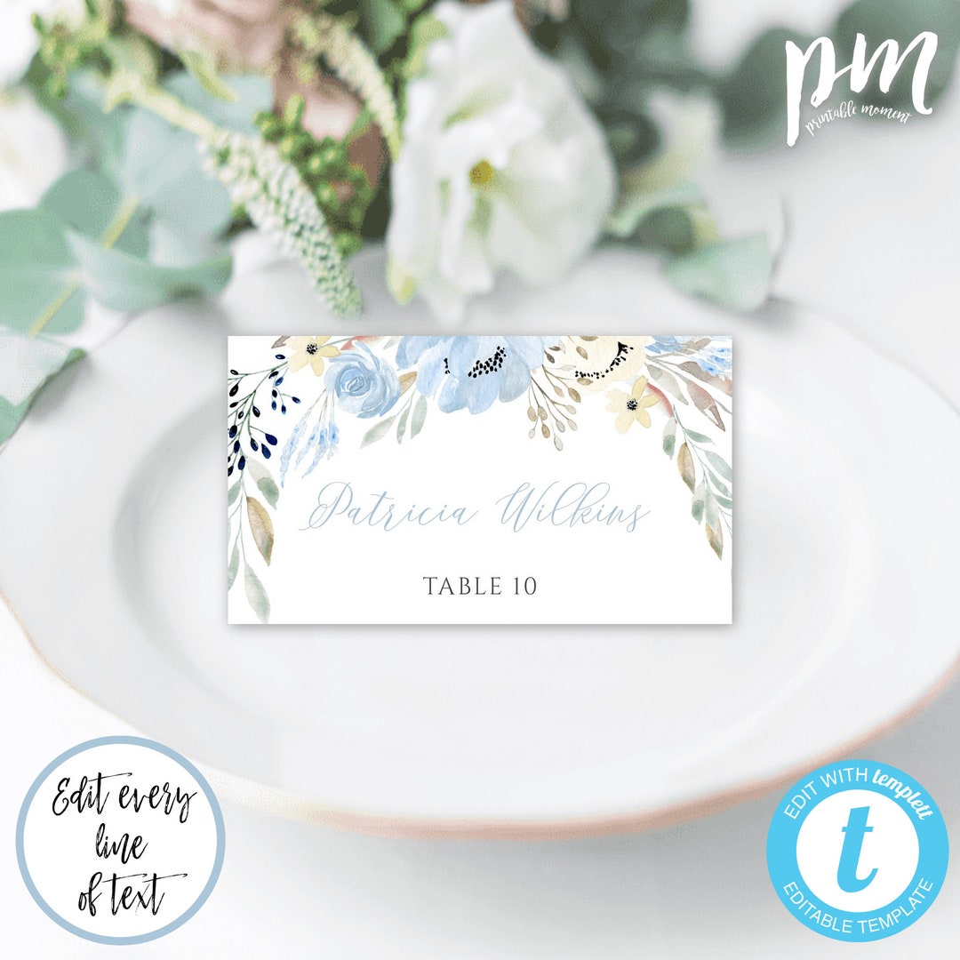 Blue Floral Place Card Template for Boy Baptism, Editable Blue Baptism ...