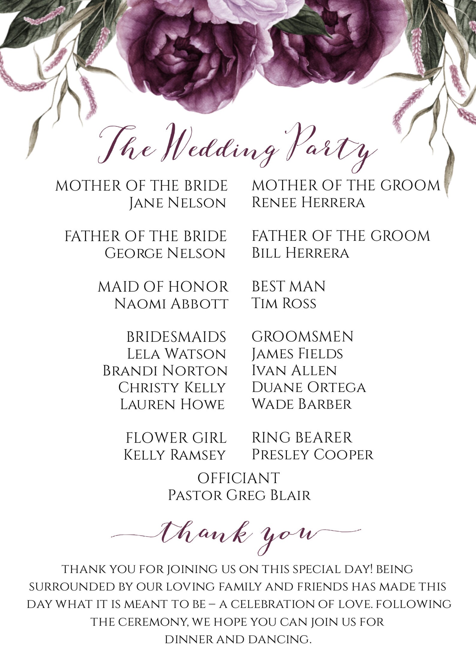 Purple Floral Wedding Program Template Printable Plum Floral - Etsy