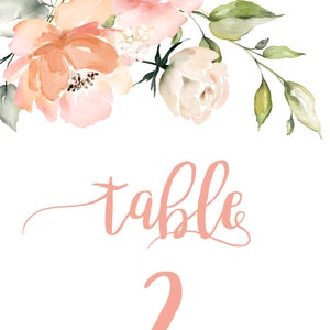 Peach Floral Wedding Table Number Template, 4x6 + 5x7 Printable Table ...