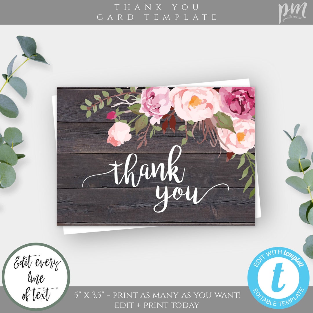 Rustic Floral Thank You Card Template, Printable Wedding Thank You ...