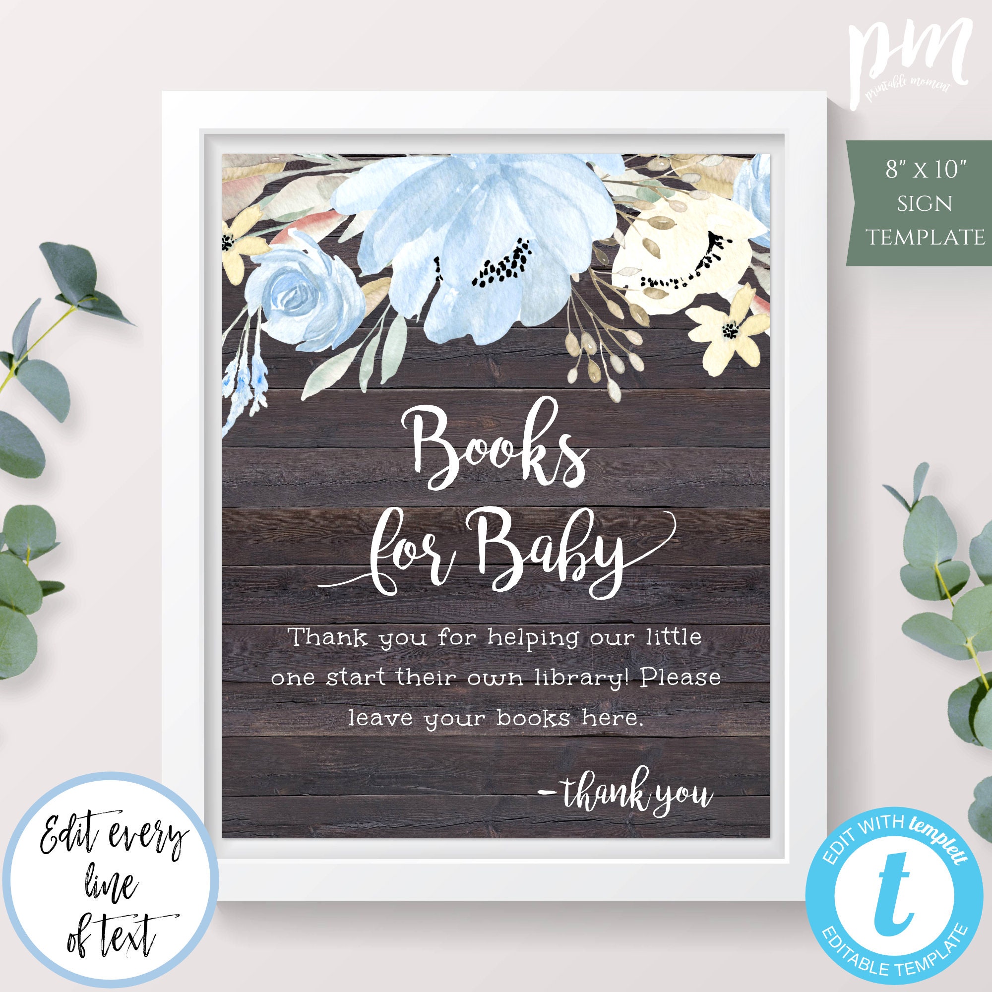 Blue Floral Rustic Books for Baby Sign Template for Boy Books | Etsy