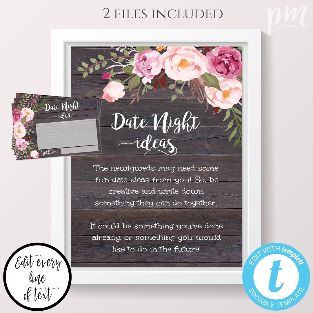 Rustic Floral Date Night Ideas Bridal Shower Game Template, Instant ...