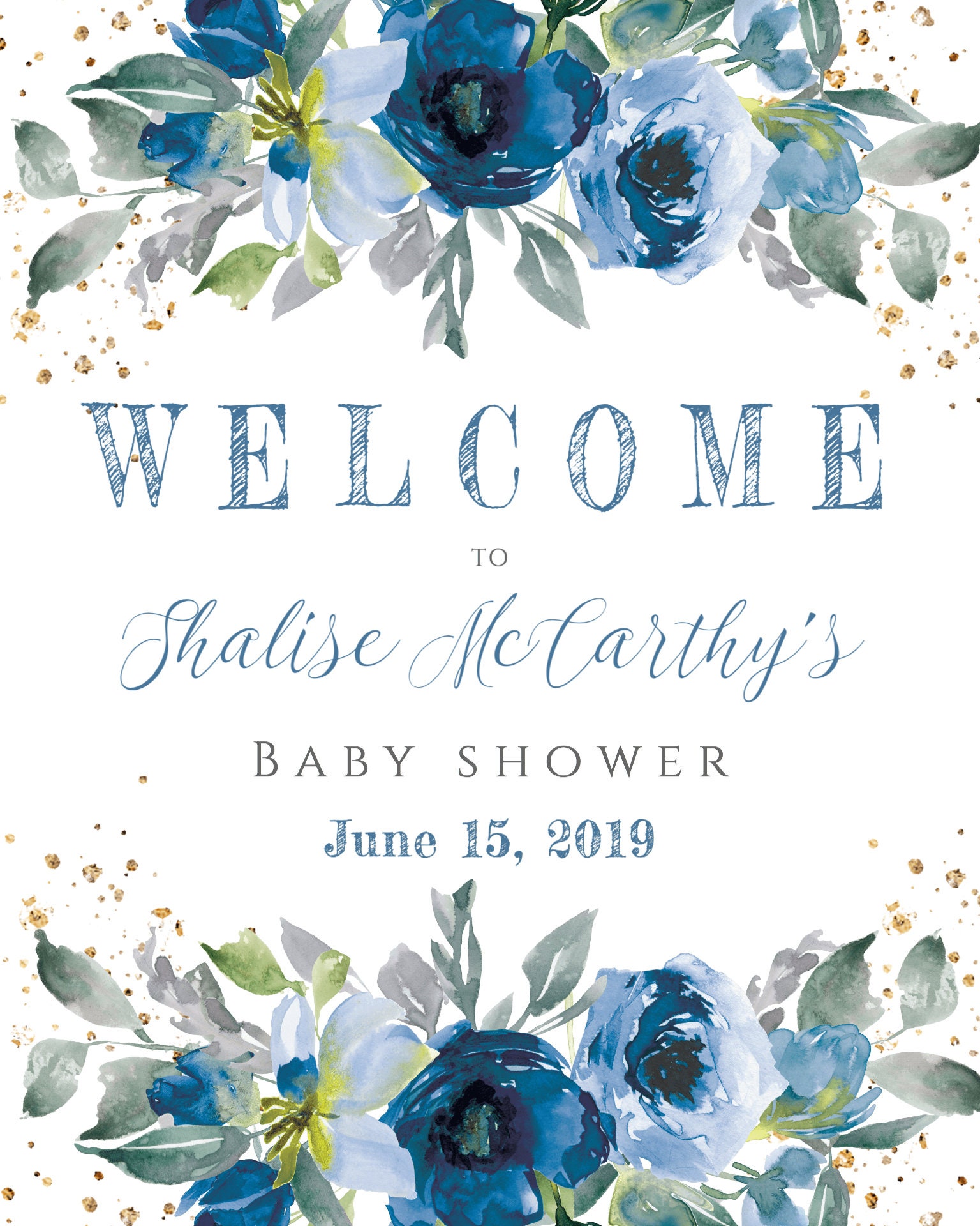 Blue Floral Baby Shower Welcome Sign Template for Boy, Welcome Poster ...