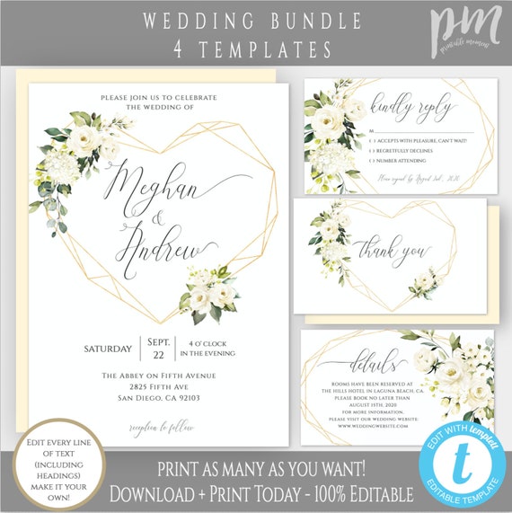 Gold Geometric Wedding Invitation Template Set Heart Wedding | Etsy