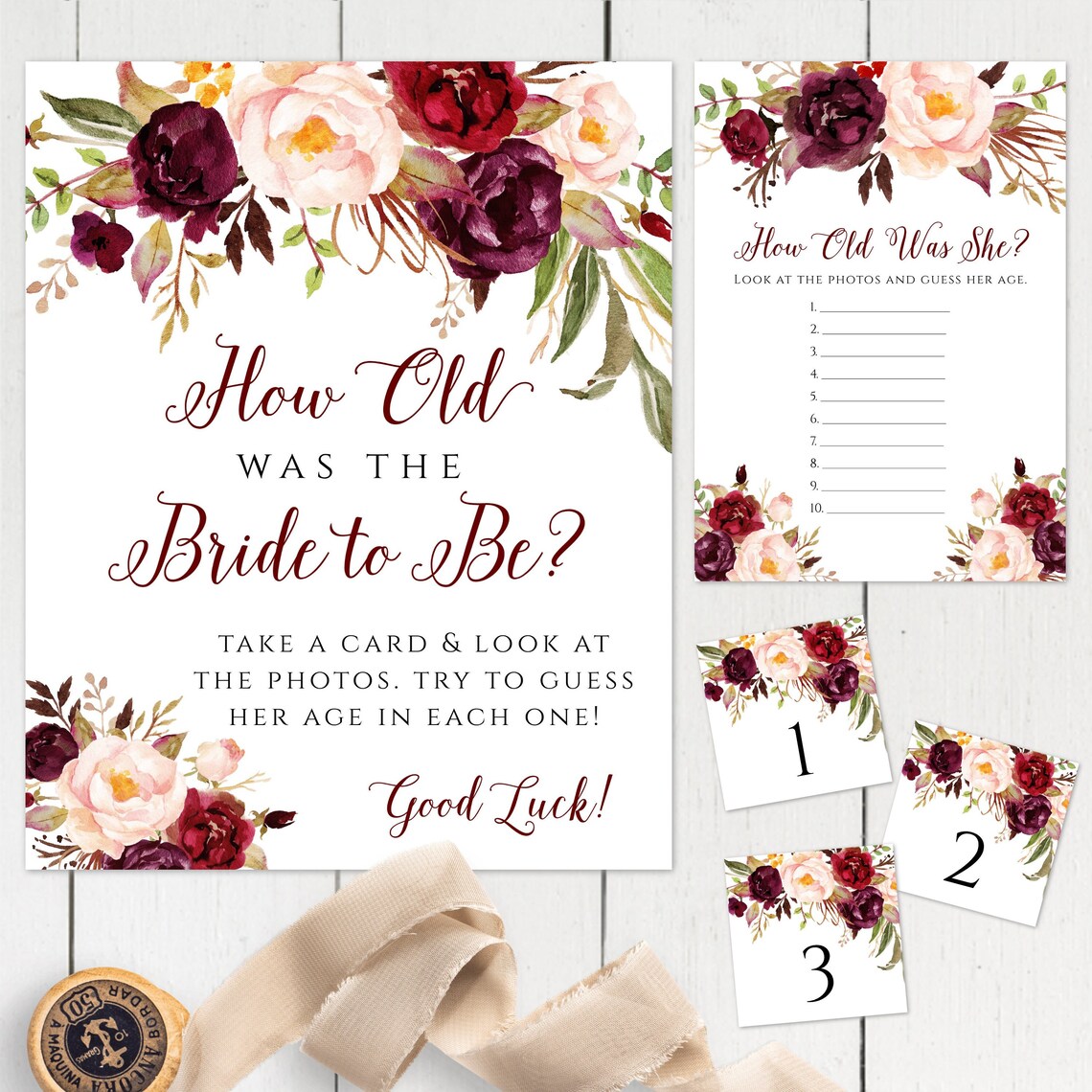 Guess the Age Game, Burgundy Bridal Shower Activity, Editable How Old ...