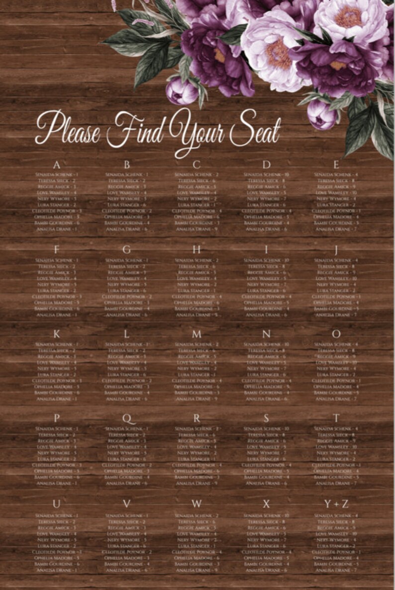 Rustic Wedding Seating Chart Template Purple Floral Wedding - Etsy
