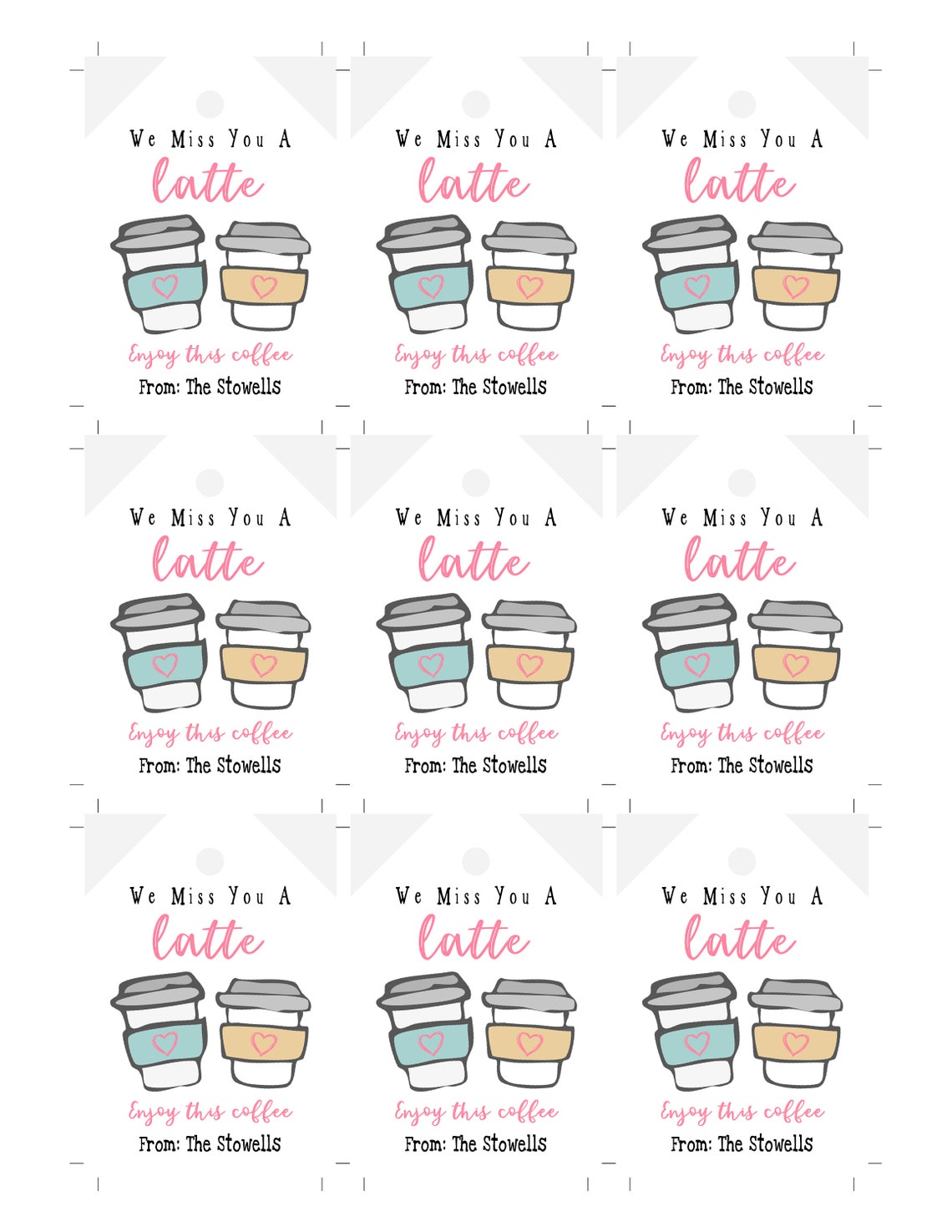 We Miss You a Latte Coffee Gift Tag Template, Quarantine Treat Tag ...