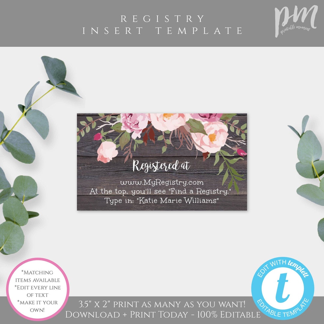 Rustic Floral Registry Card Insert Template, Baby Shower Instant ...