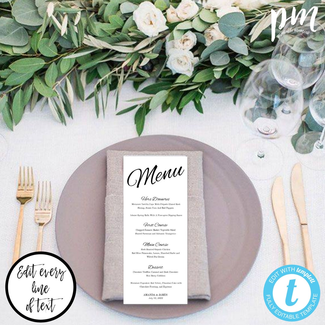 Wedding Menu Template, Printable Menu, Wedding Dinner Menu, Instant ...