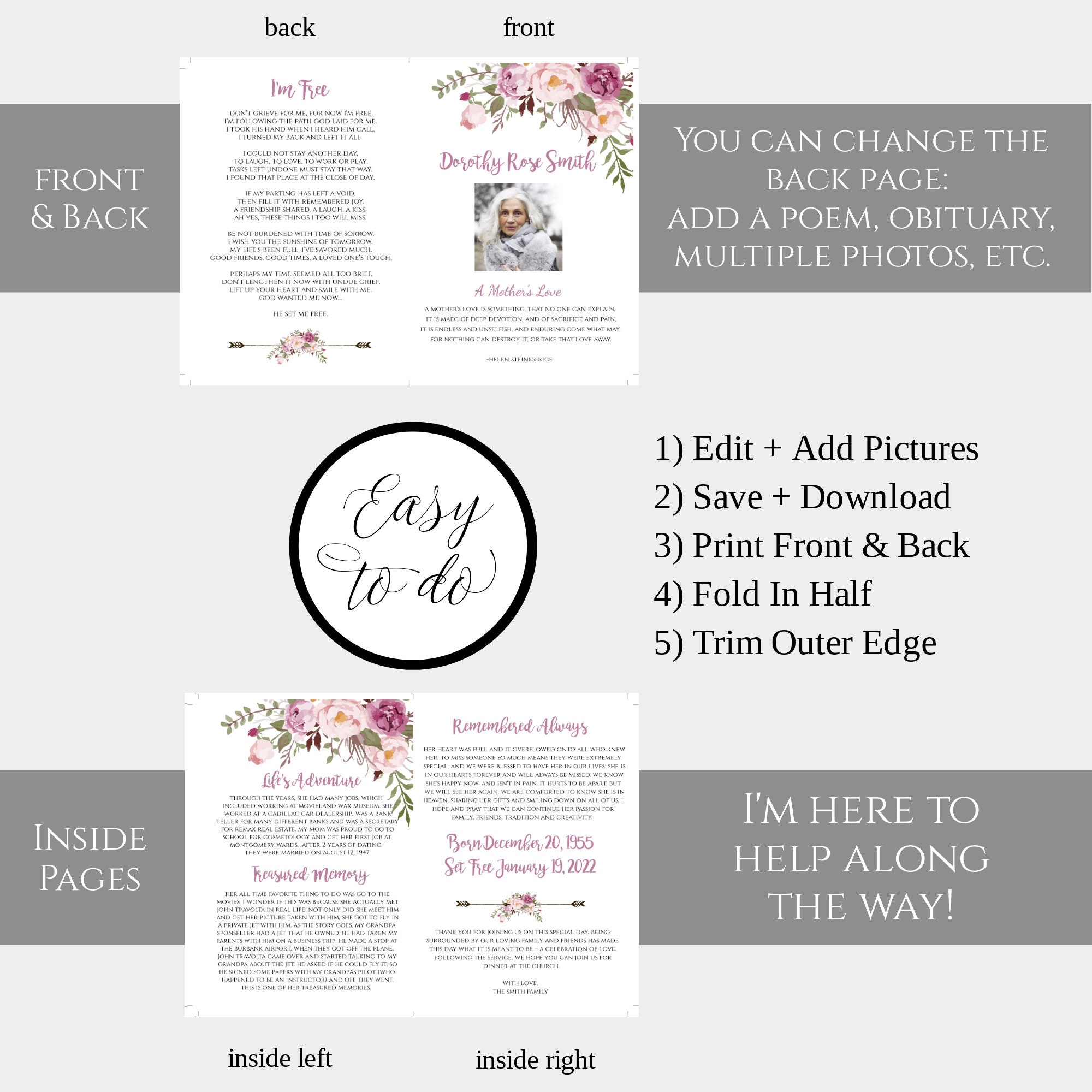 Pink Floral Funeral Template, Printable Funeral Template, Instant ...