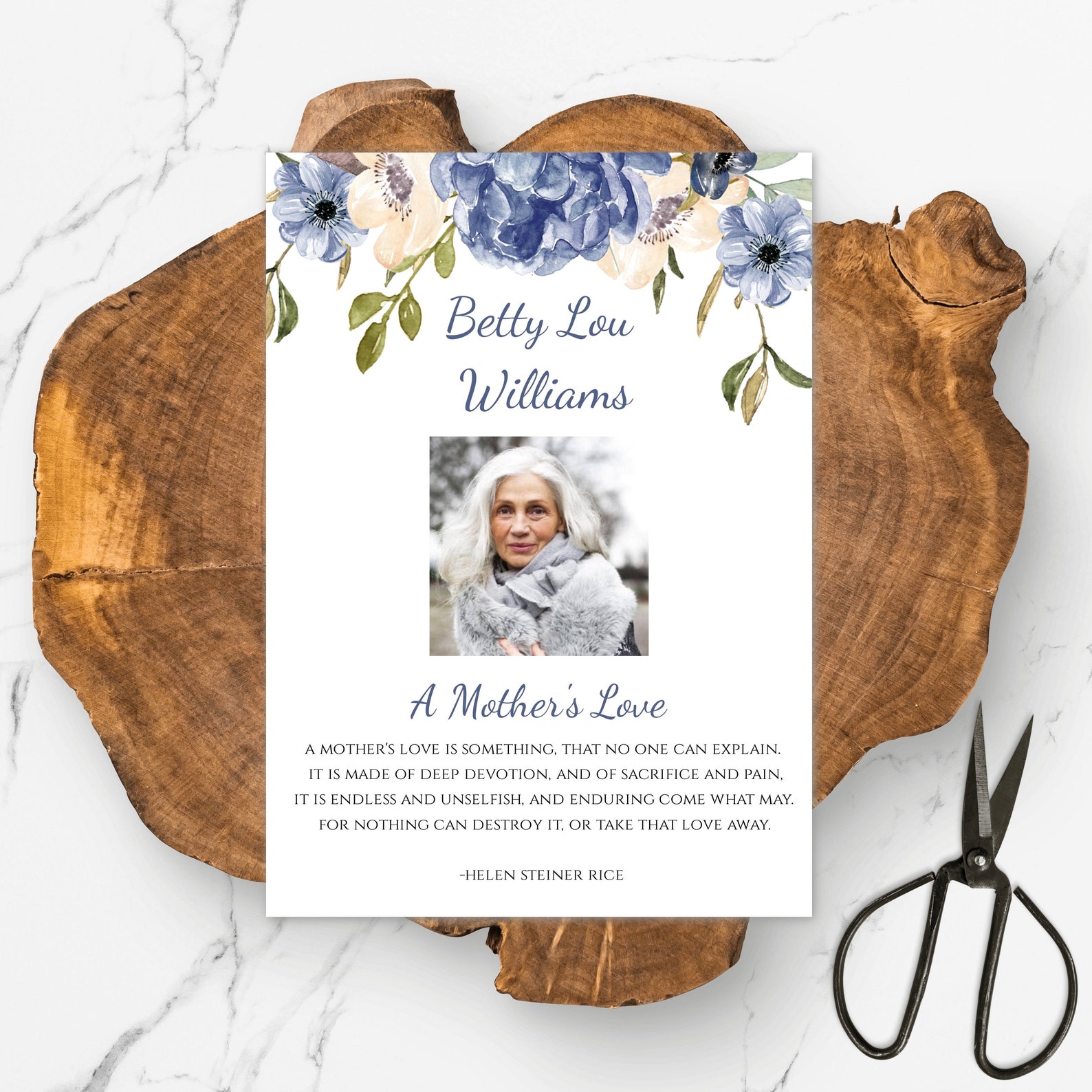 Blue Floral Funeral Template, Instant Download, in Loving Memory ...