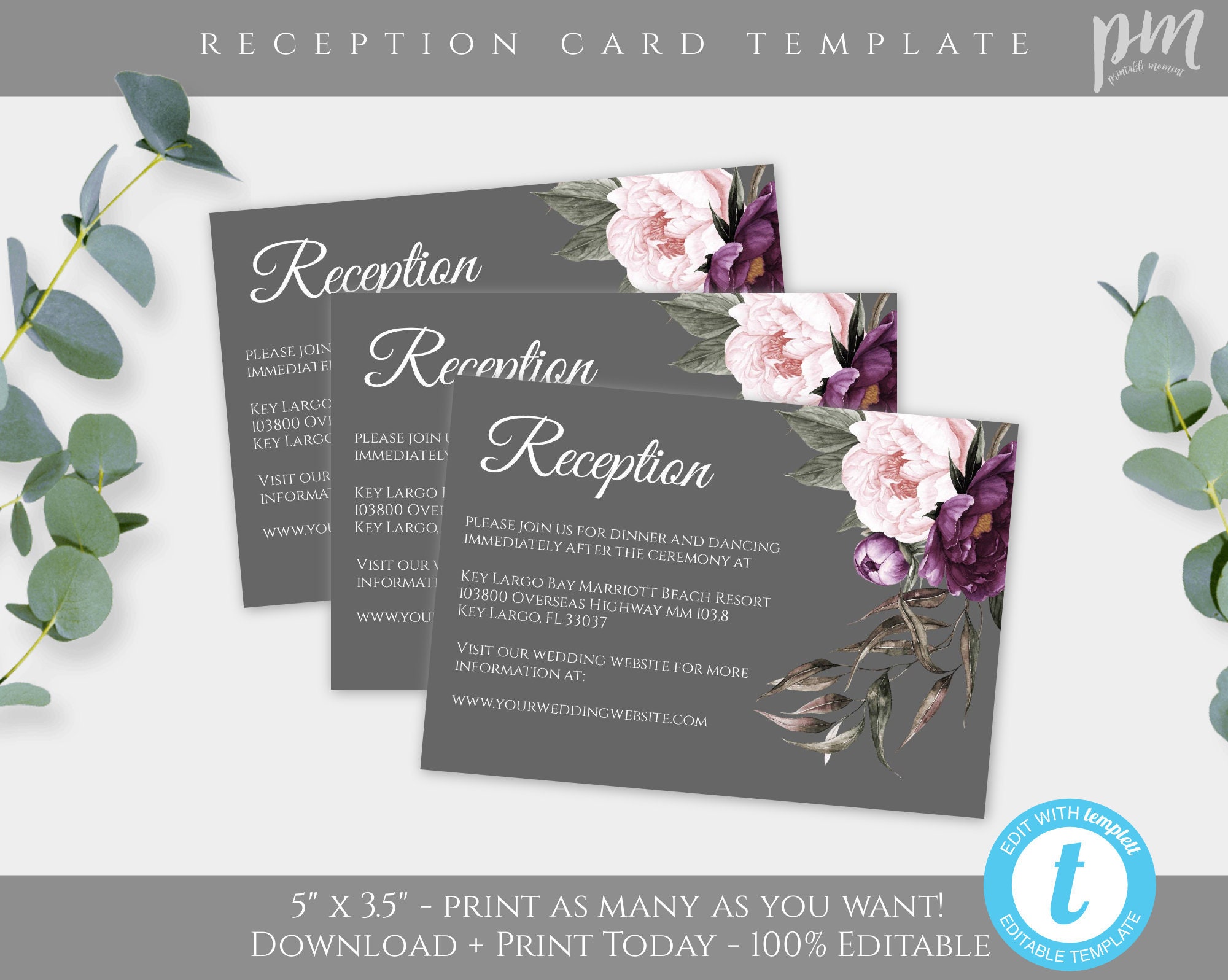 Purple and Gray Reception Card Template Wedding Insert - Etsy