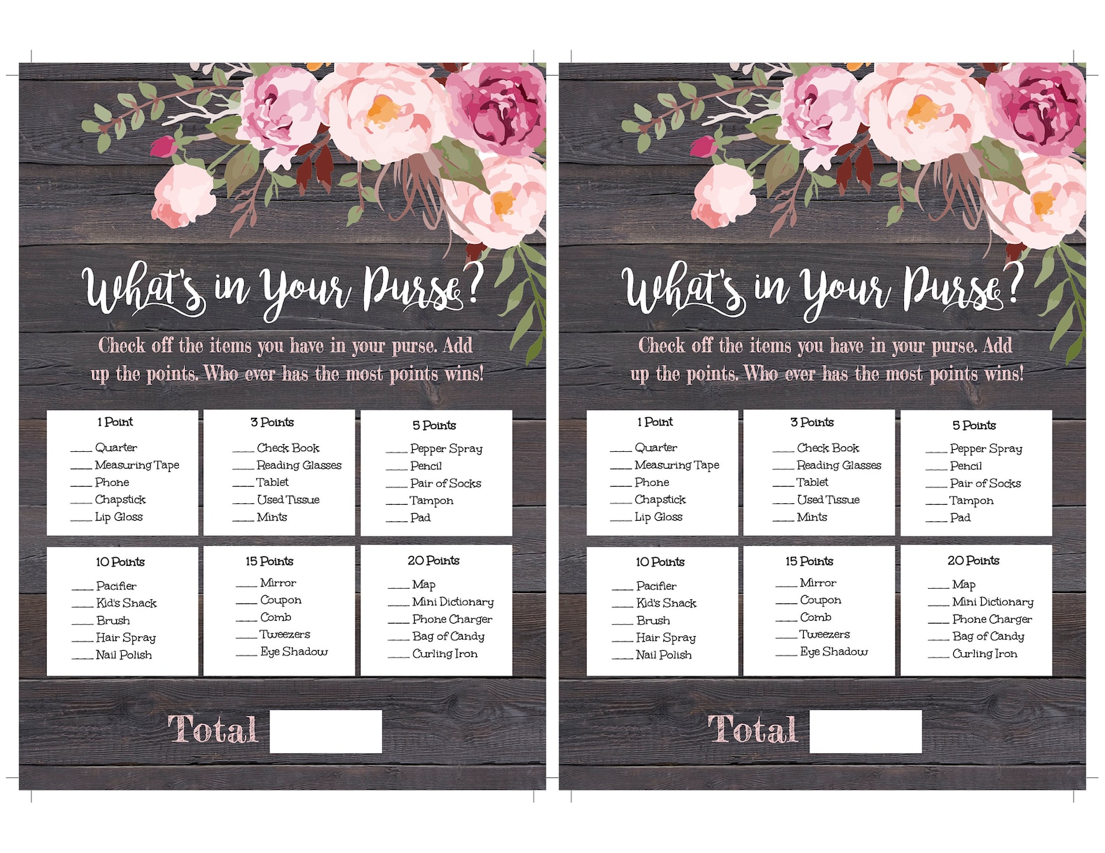 Rustic Floral What's in Your Purse Game Template for | Etsy