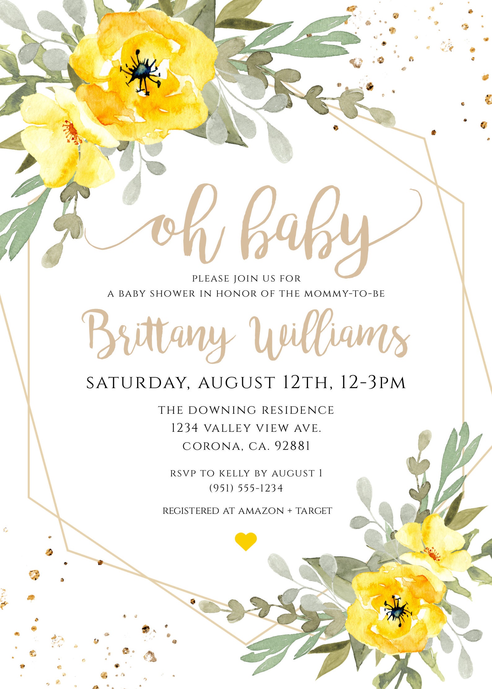 Yellow Floral Oh Baby Invitation Template, Editable Gold Geometric Baby ...