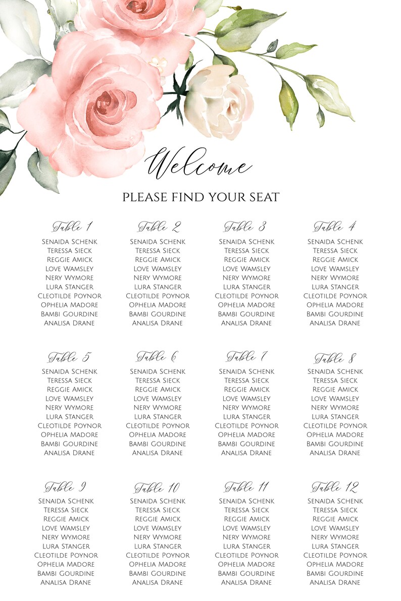 Printable Seating Chart Template Girl Baptism Seating Sign - Etsy