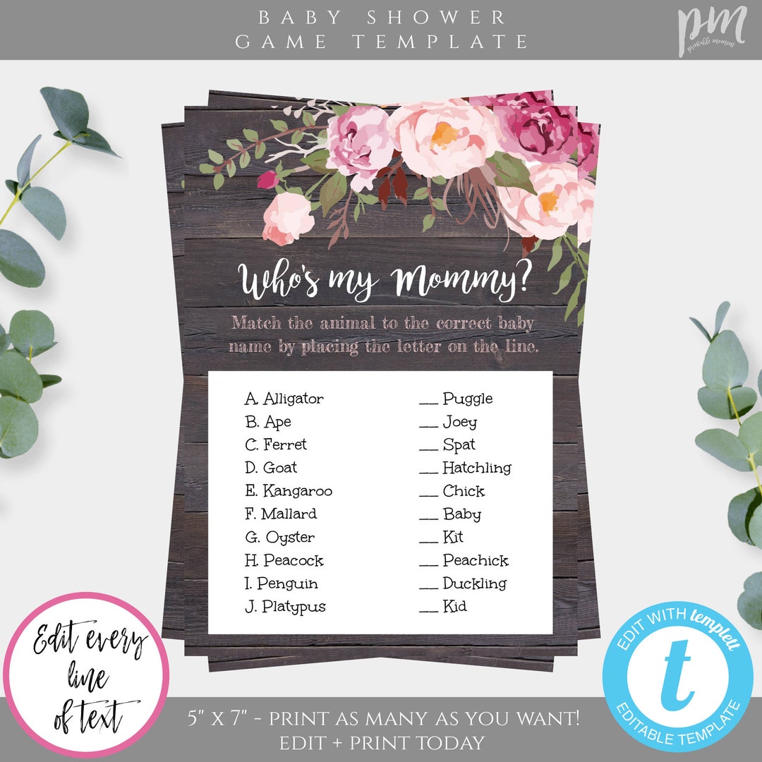 Who's My Mommy Game Template, Rustic Floral Baby Shower Game, Instant ...
