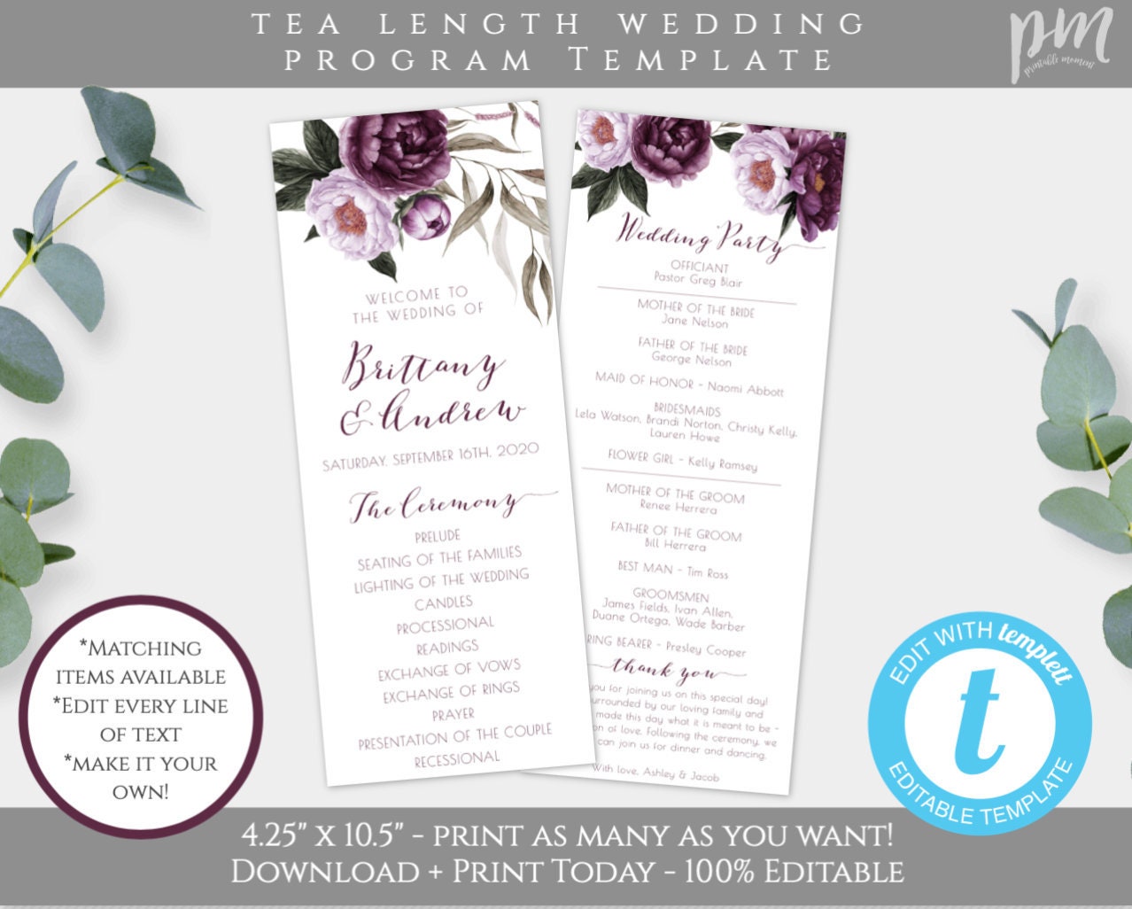 Purple Floral Wedding Program Template, Printable Tea Length Plum ...