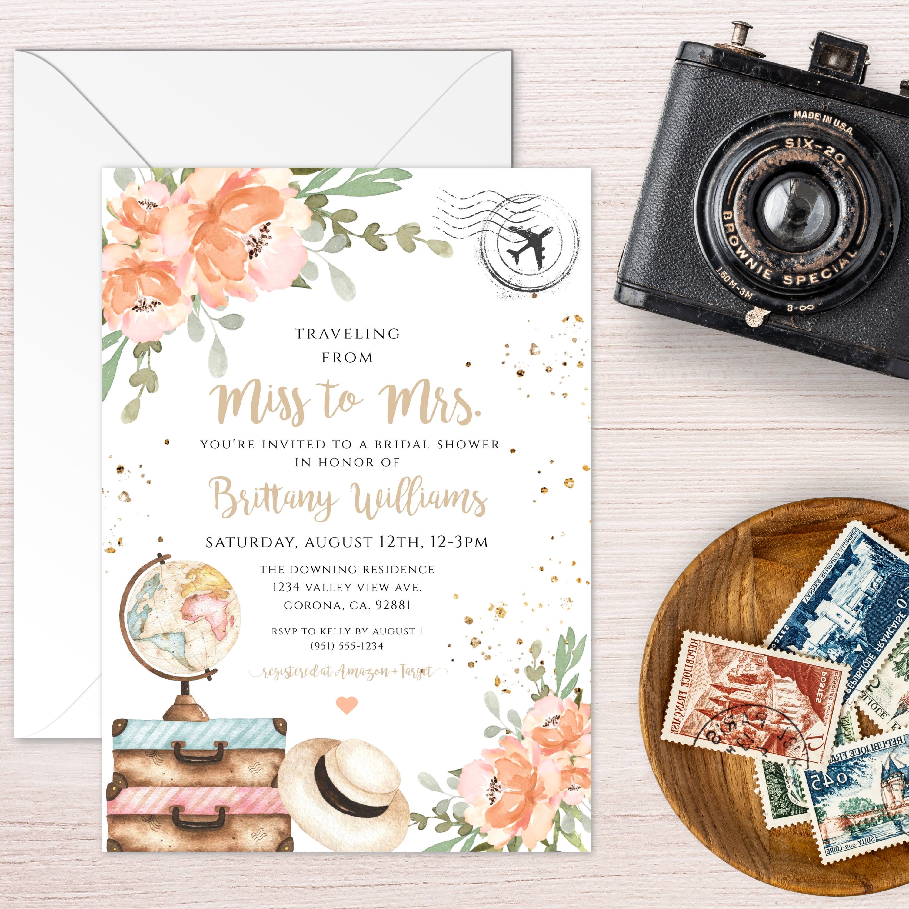 Traveling From Miss to Mrs Invitation Template Peach Floral - Etsy