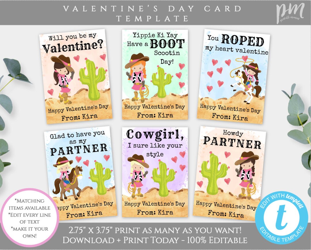 Cowgirl Valentines Day Card Template, Western Valentines Cards for Kids ...