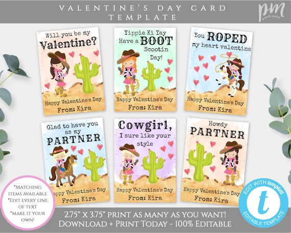 Cowgirl Valentines Day Card Template Western Valentines Cards | Etsy