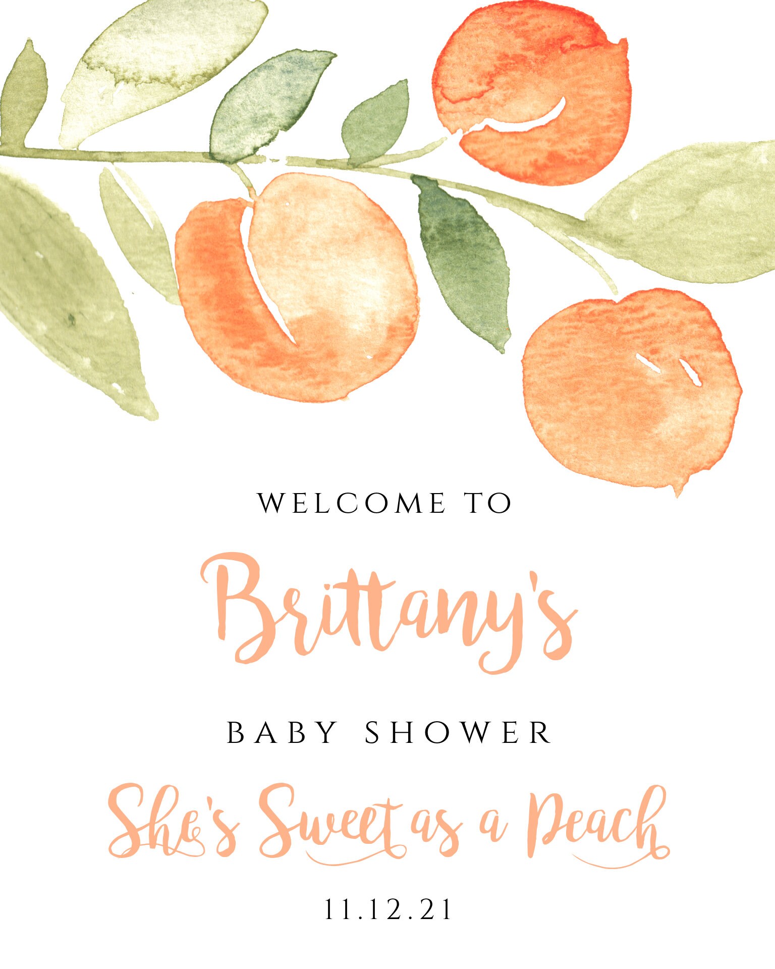 Peach Baby Shower Welcome Sign Template Watercolor Shower | Etsy